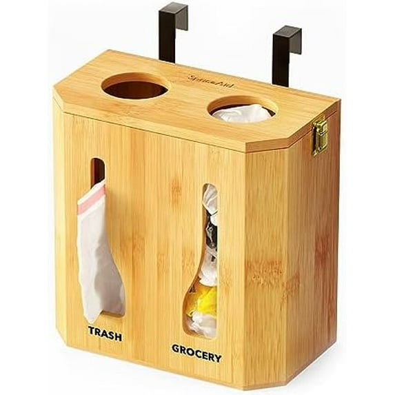Bamboo 2 in 1 Garbage Bag Roll Holder & Dispenser, Under Sink Organizer ...