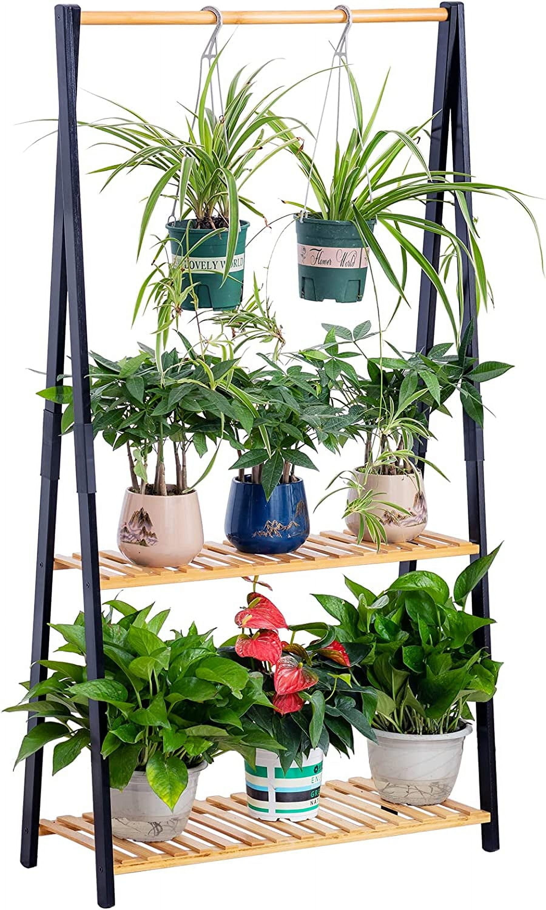 Bamboo 2-tier Hanging Plant Stand Planter Shelves Flower Pot Organizer ...