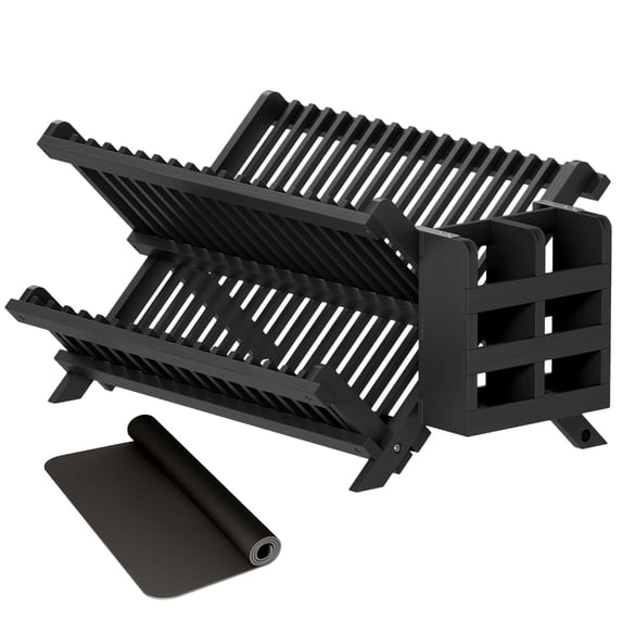 Bamboo 3-Tier Collapsible Dish Drying Rack with Utensil Holder and ...