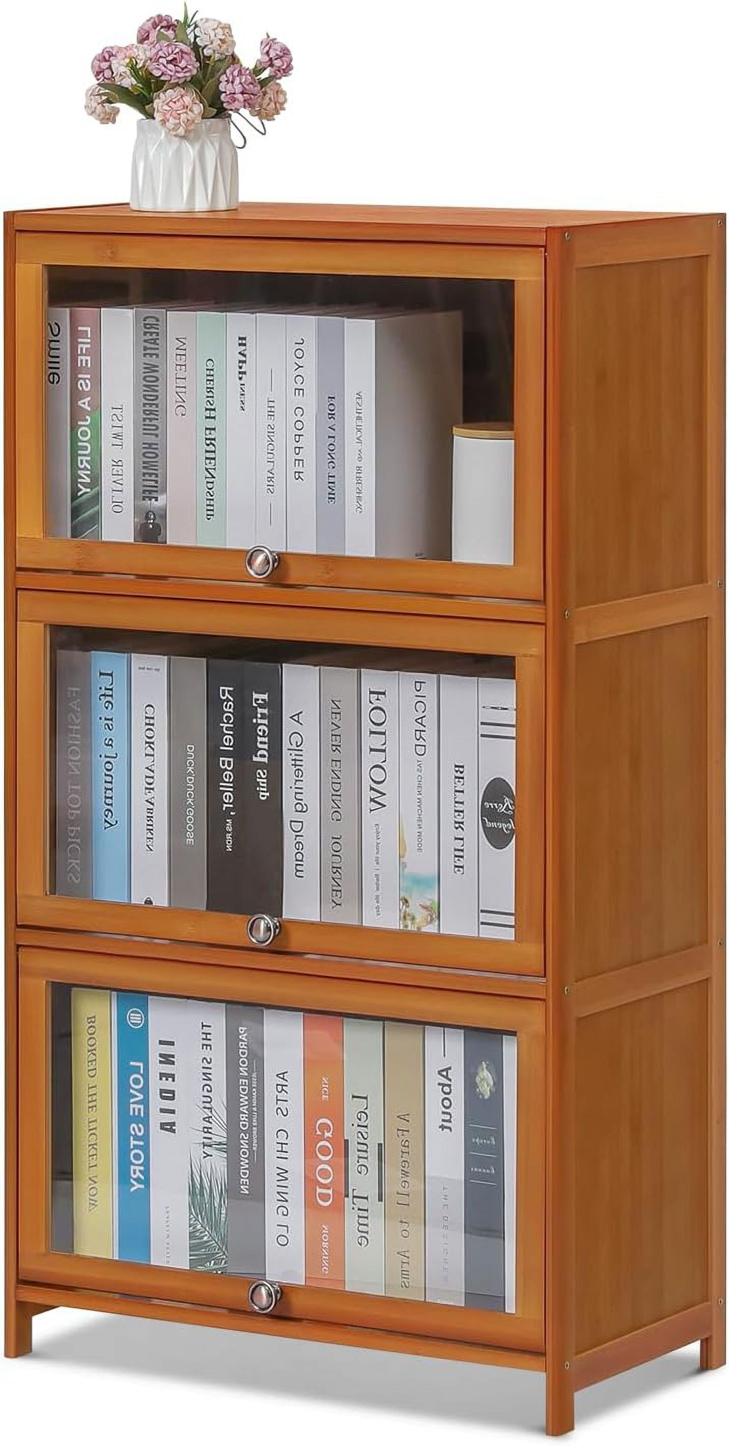 Bamboo 3-Tier Display Case Bookcase with Clear Acrylic Flip-Up Doors ...