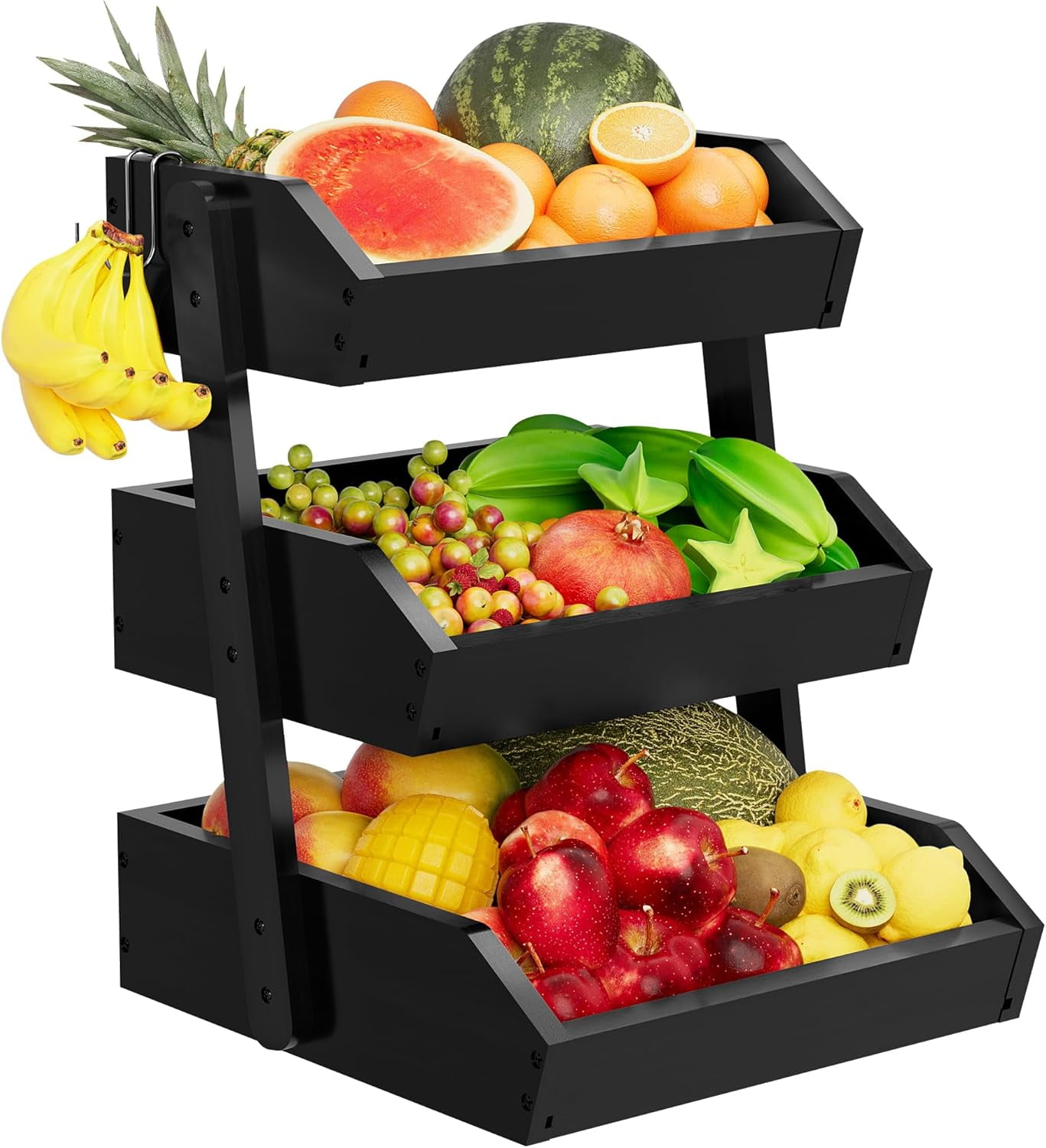 Bamboo 3 Tier Fruit Basket For Counter With Two Banana Hook, Fruit And ...