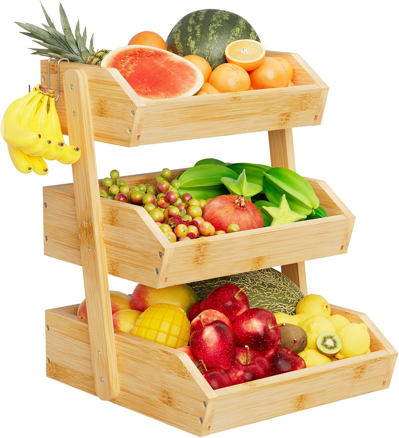 Bamboo 3 Tier Fruit Basket For Counter With Two Banana Hook, Fruit And ...