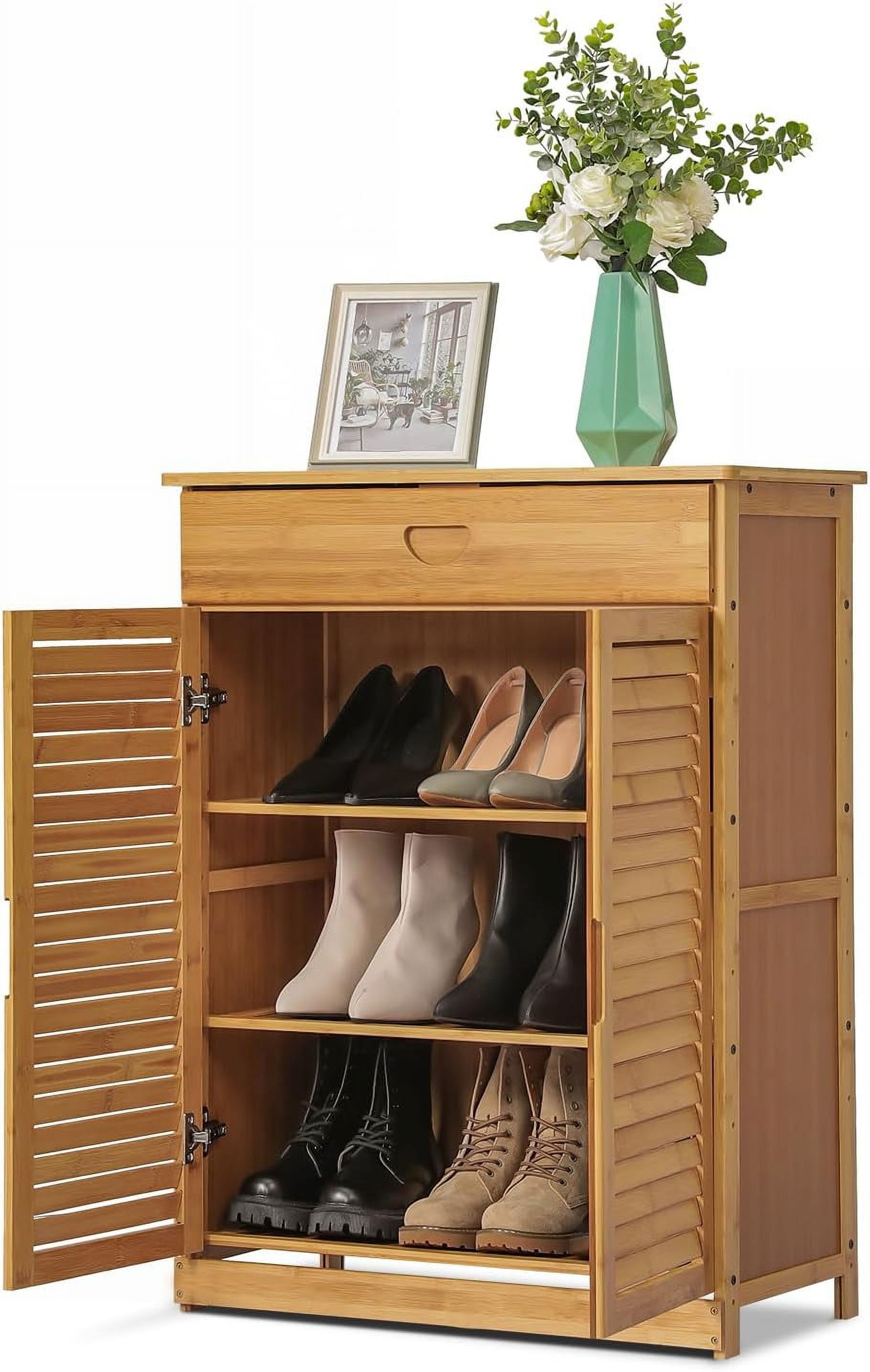 Bamboo 3 Tier Shoe Storage Cabinet with Drawer & Shutter Door, Entryway ...