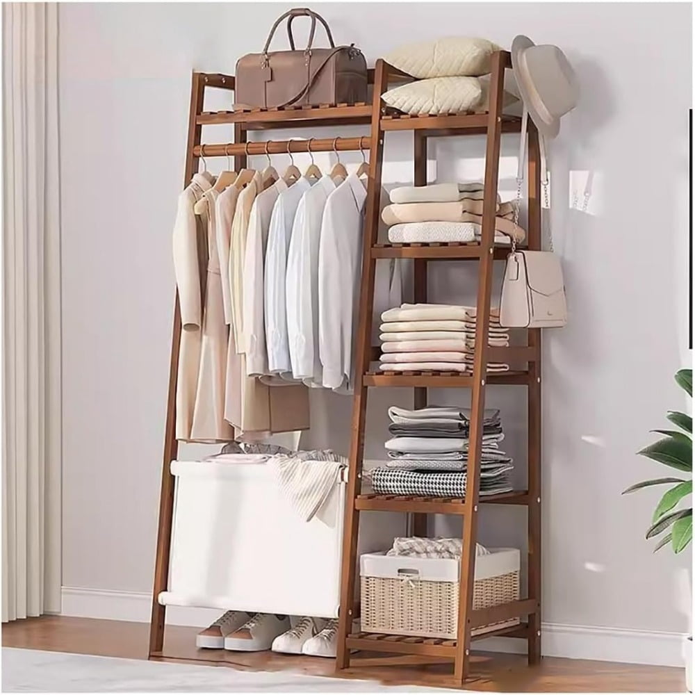 Bamboo 32/51 hanger with shelves and bags, freestanding hanger with 5 ...