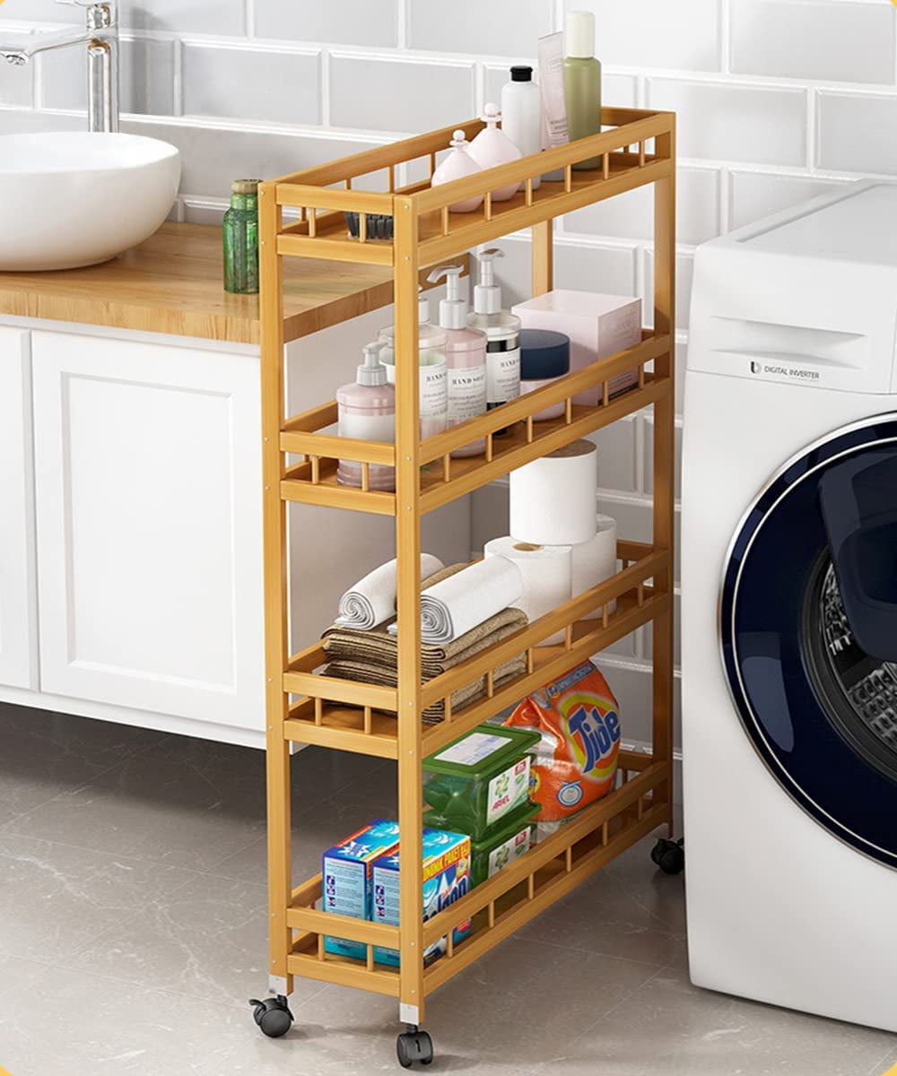 Bamboo 4-Tier Kitchen Storage Carts with Wheels, Lockable Slim Bathroom ...