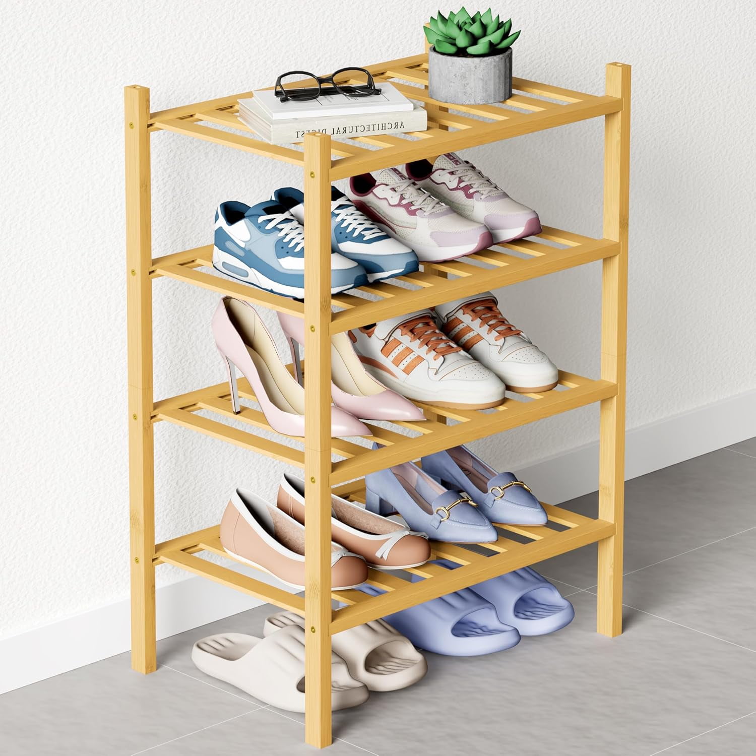 Bamboo 4 Tier Shoe Rack for Closet, Wooden Small Shoe Organizer with 14 ...