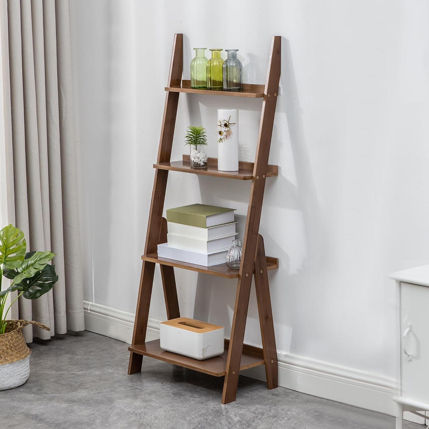 Bamboo 4-Tier Trapezoid Bookshelf, Storage Rack Shelves, Wall Shelf ...