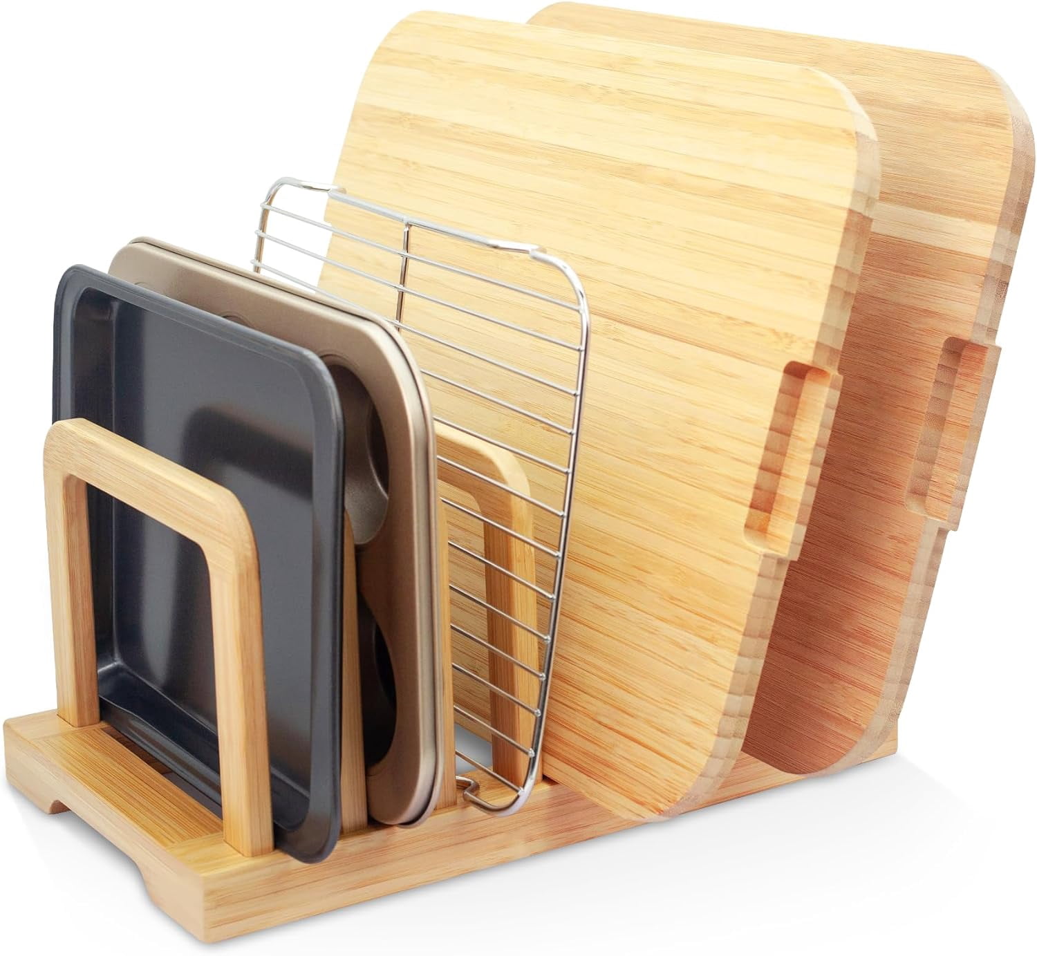 Bamboo 5-Slot Adjustable Cutting Board Rack & Bakeware Organizer with ...