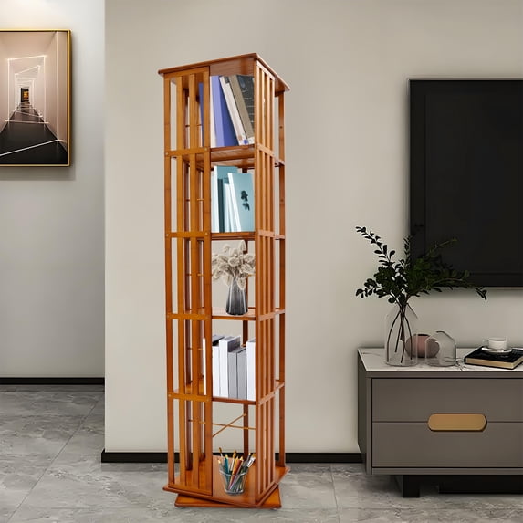 Bamboo 5-Tier 360° Rotating Bookshelf Tower – Floor Standing Revolving ...