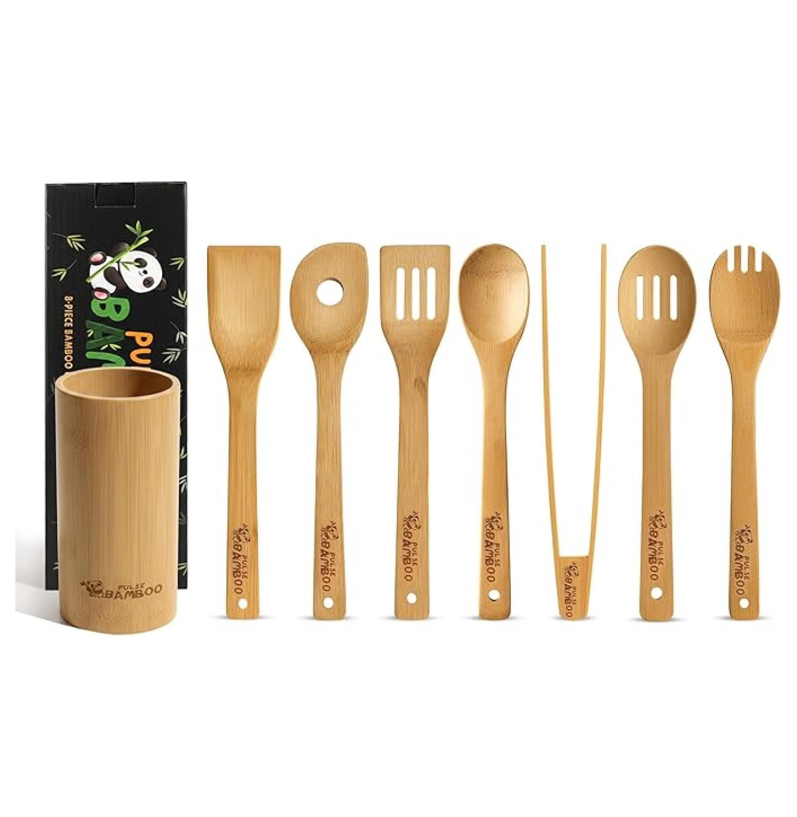 Bamboo 8-Piece Utensil Gift Set with Holder – Wooden Cooking Utensils ...