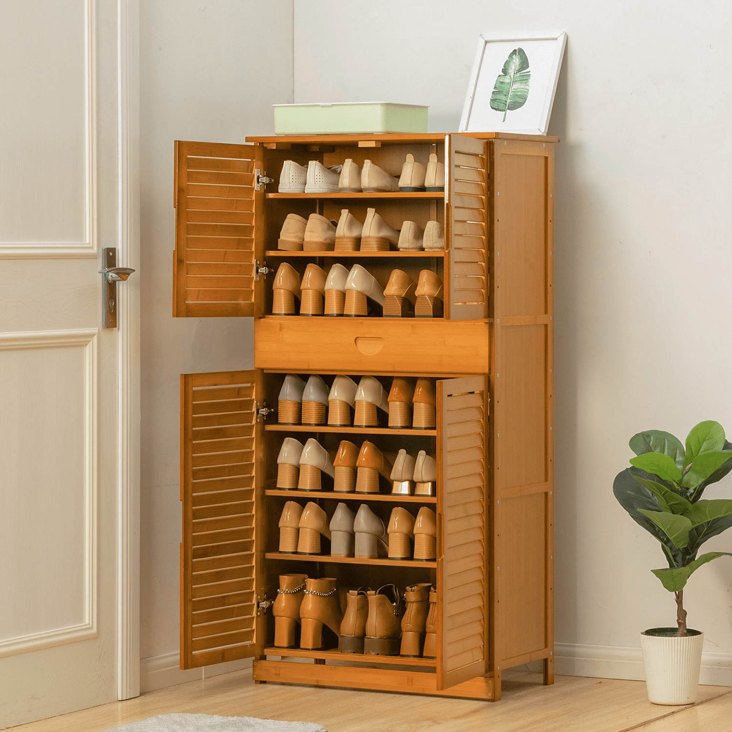 Bamboo 8-Tier [ADJUSTABLE BOOTS SHELF] 4 Slat Doors Shoes Cabinet w ...