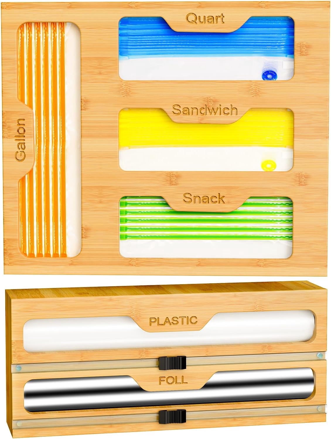 Bamboo Bag Storage Organizer - 2 Wrap Dispenser with Cutter & 4 Slots ...