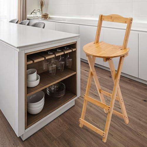 Bamboo Bar Stools with Backrest,Foldable Modern Stool with Wheel for ...