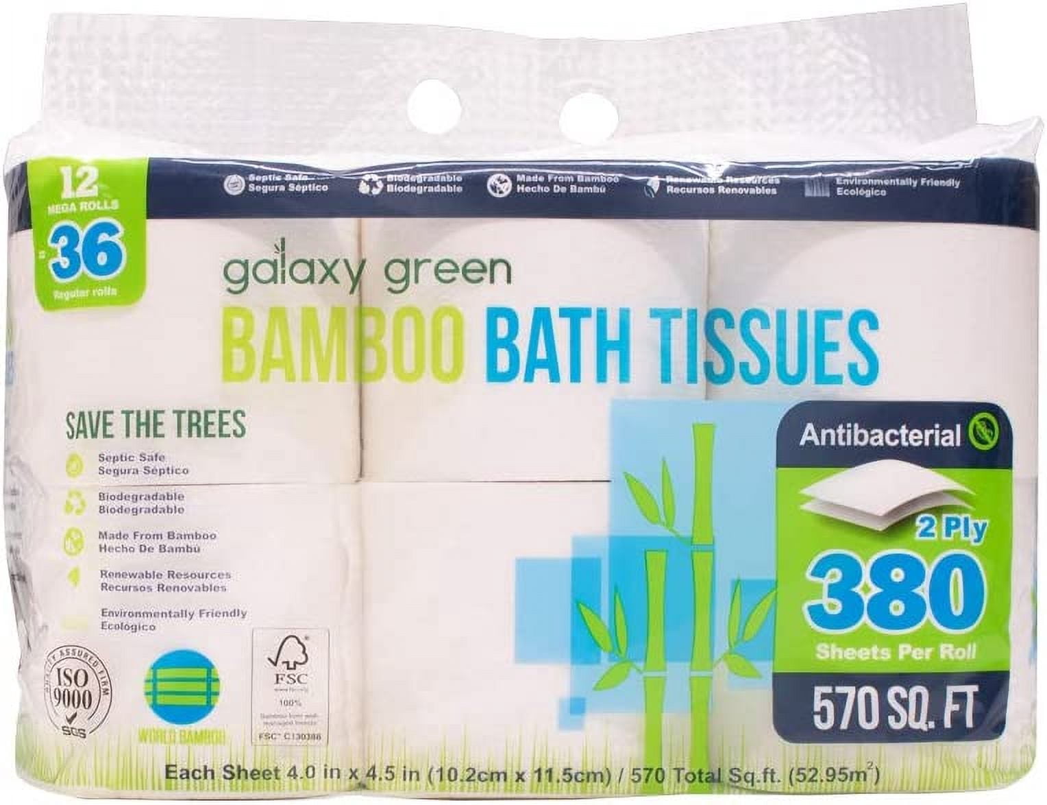 Bamboo Bath Tissue Paper, 380 sheet 2 ply Mega Rolls, 12 Count (Pack of ...