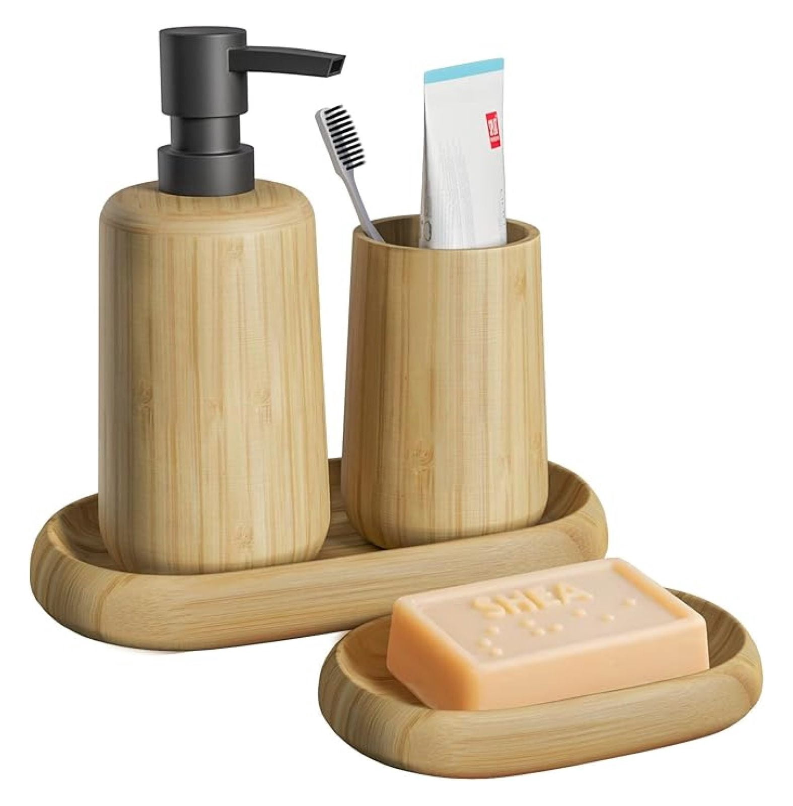 Bamboo Bathroom Accessory Set - 4PCS Soap Dispenser, Dish, Tray & Cup ...