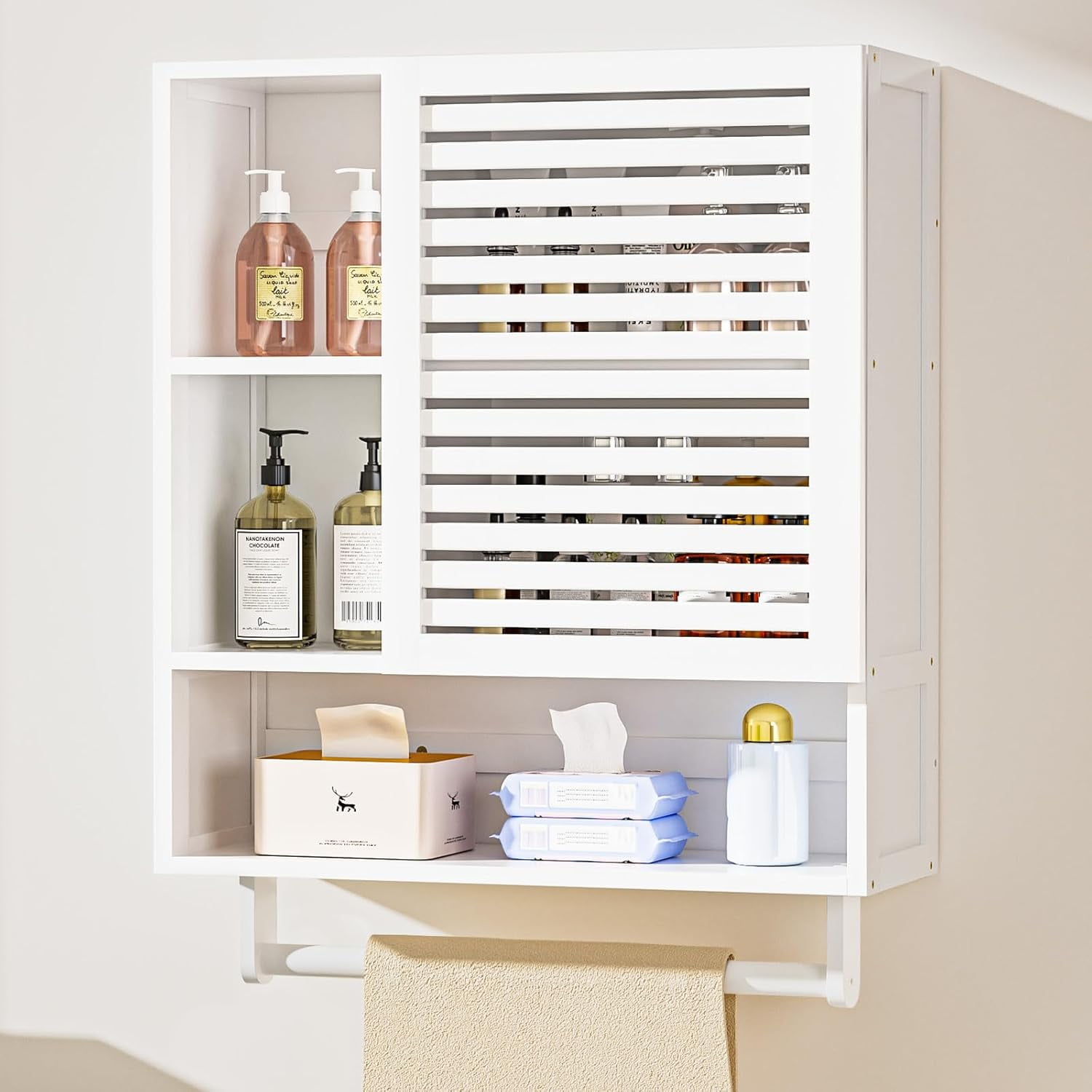 Bamboo Bathroom Cabinet Wall with Towels Bar, Medicine Organizer with ...