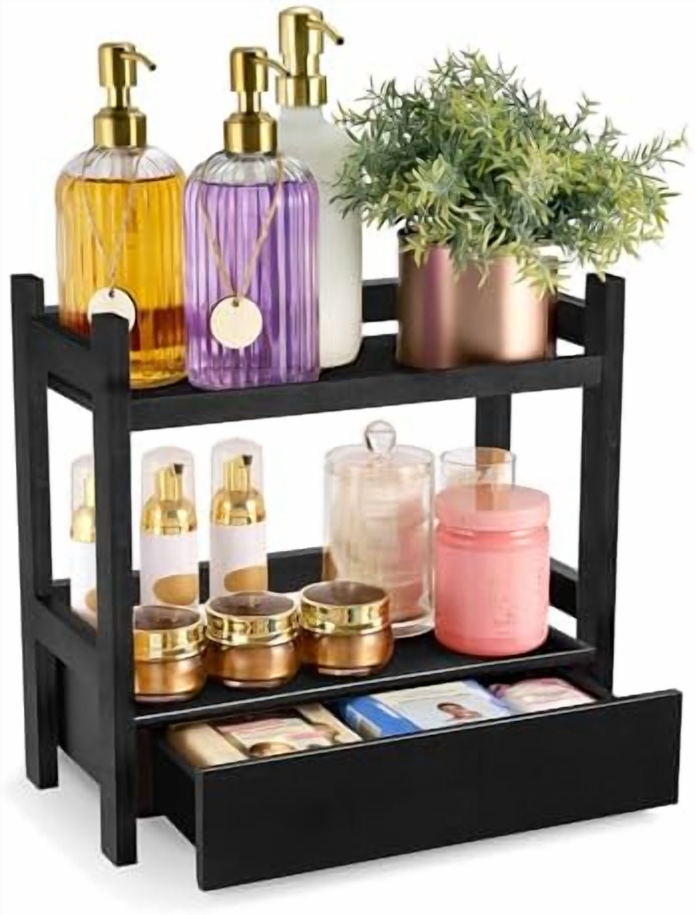 Bamboo Bathroom Counter Organizer – 2-Tier Shelf with Hidden Drawer for ...