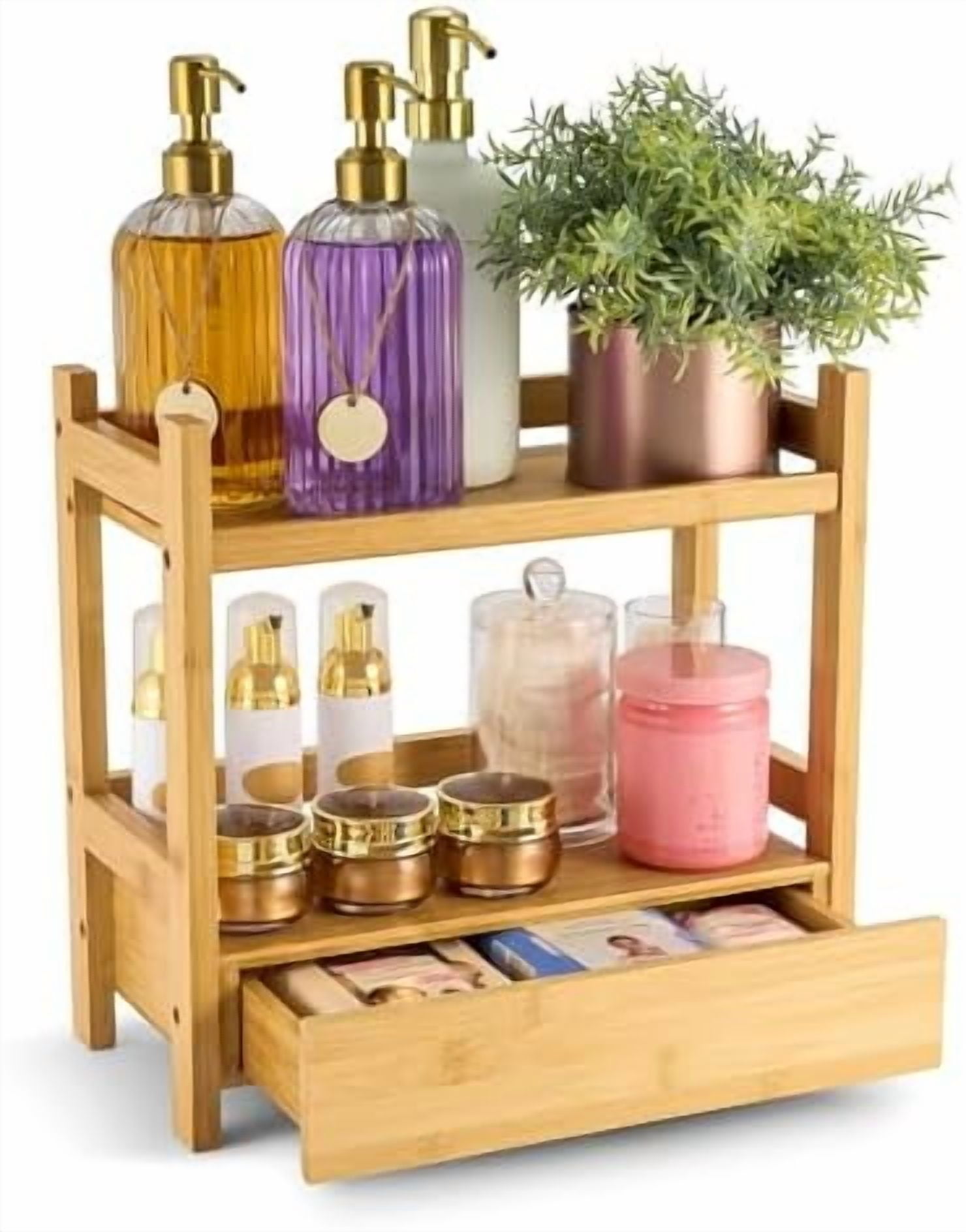 Bamboo Bathroom Counter Organizer – 2-Tier Shelf with Hidden Drawer for ...