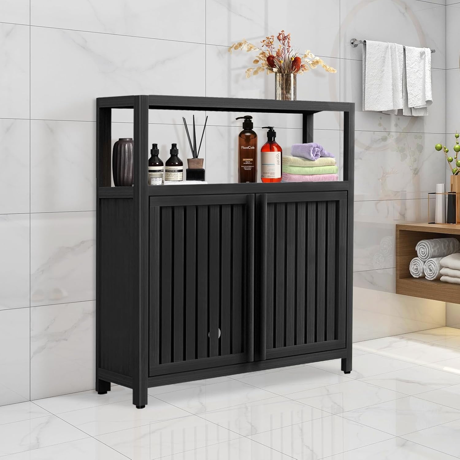 Bamboo Bathroom Floor Cabinet with Double Slatted Doors, Open Shelf ...