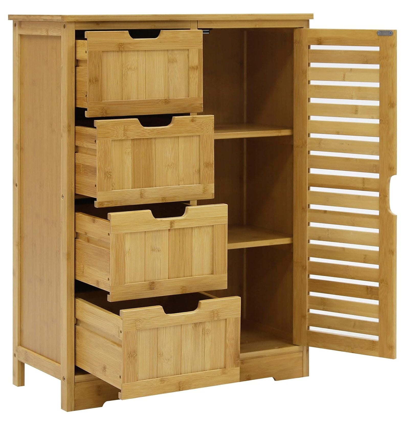 Bamboo Bathroom Storage Cabinet with 4 Drawers & 2 Removable Shelves ...