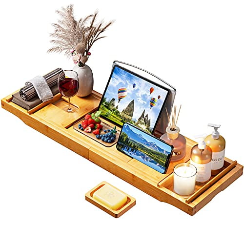 Bamboo Bathtub Caddy Expandable Tub Tray Bath Table Organizer with Book ...