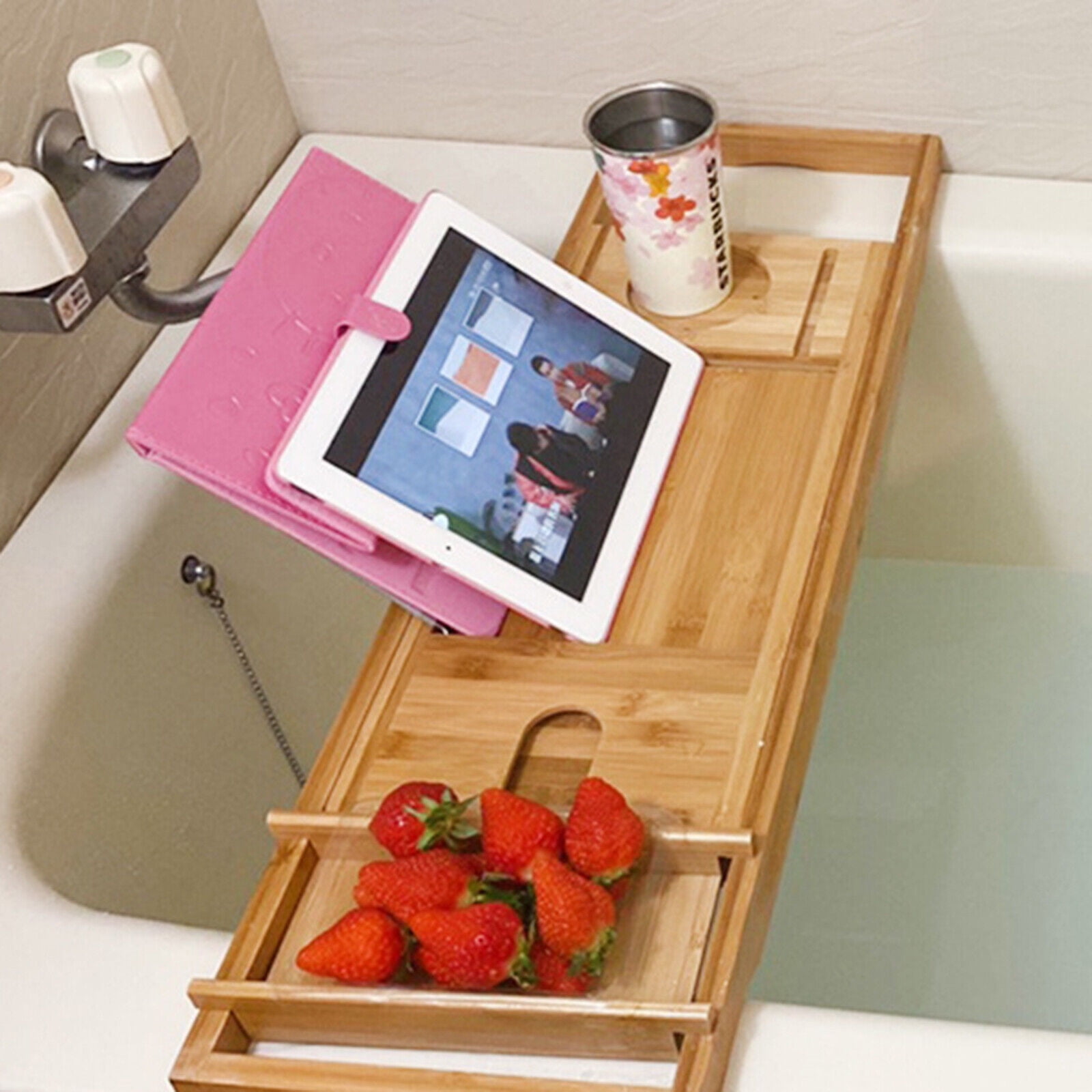 Bamboo Bathtub Caddy Wood Bath Tub Tray Shower Book Wine Glass Holder ...