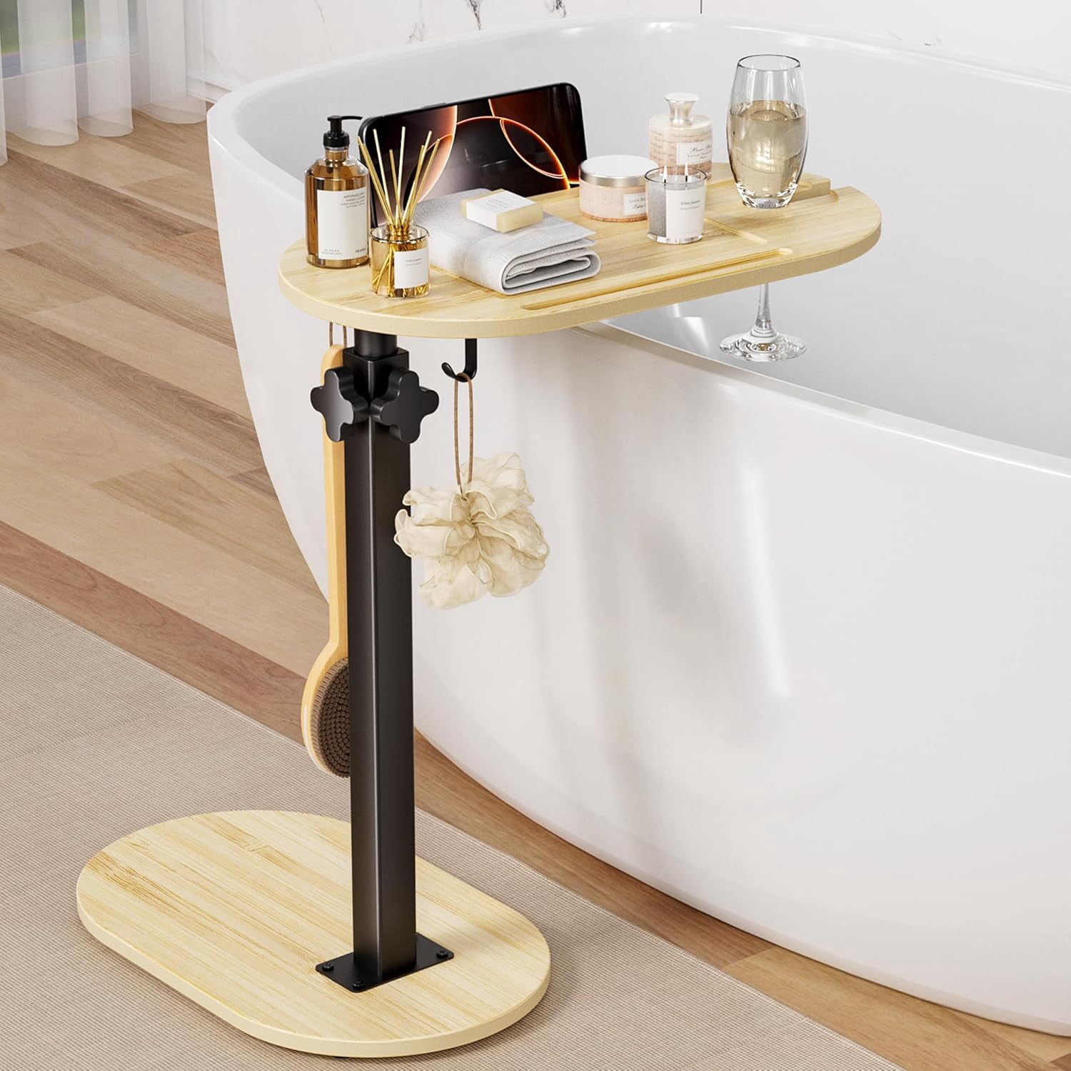 Bamboo Bathtub Table with Adjustable Height, Freestanding Bath Tray ...