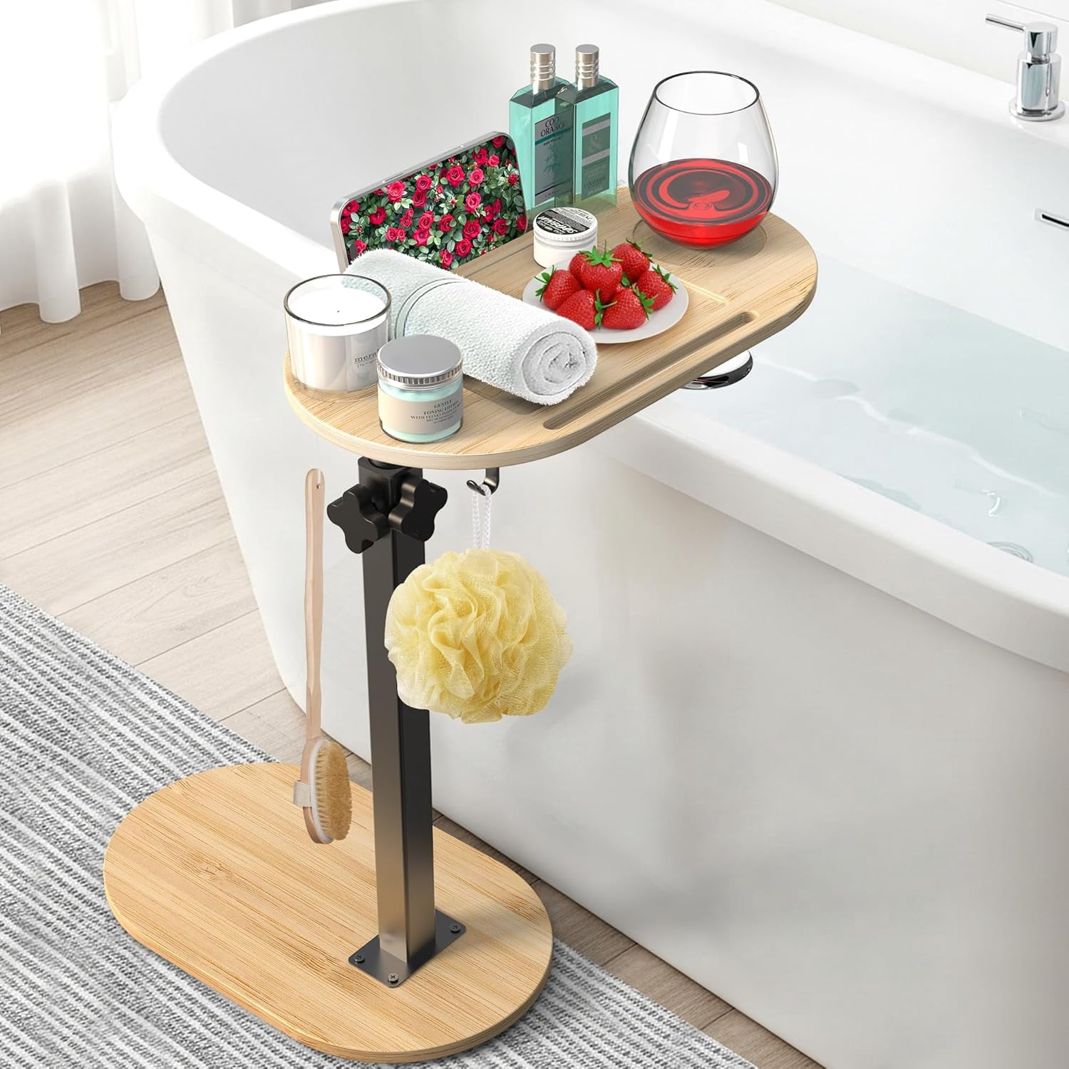 Bamboo Bathtub Table with Adjustable Height, Freestanding Bath Tray ...