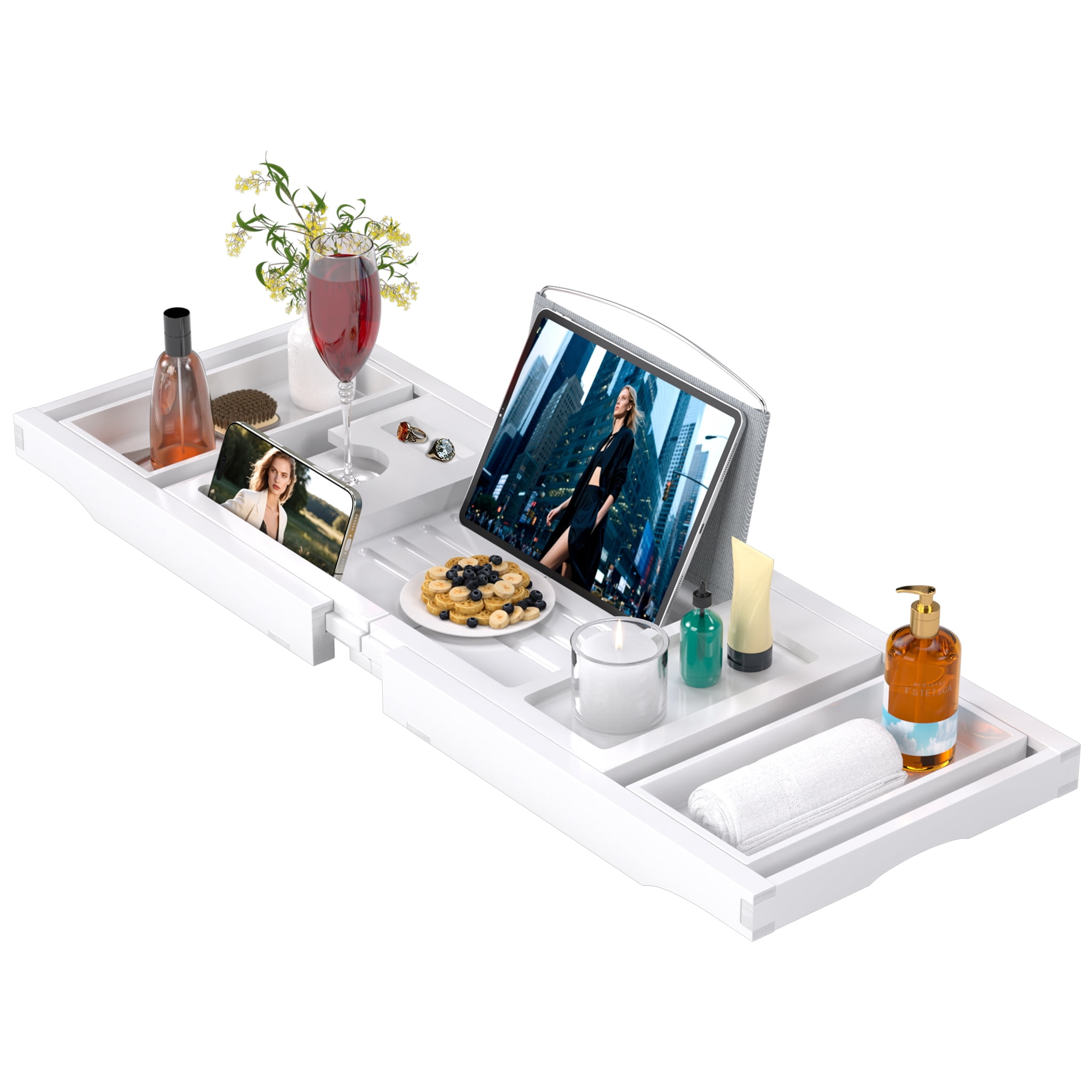 Bamboo Bathtub Tray Caddy, Expandable Bath Trays for Tub,Shelf & Table ...