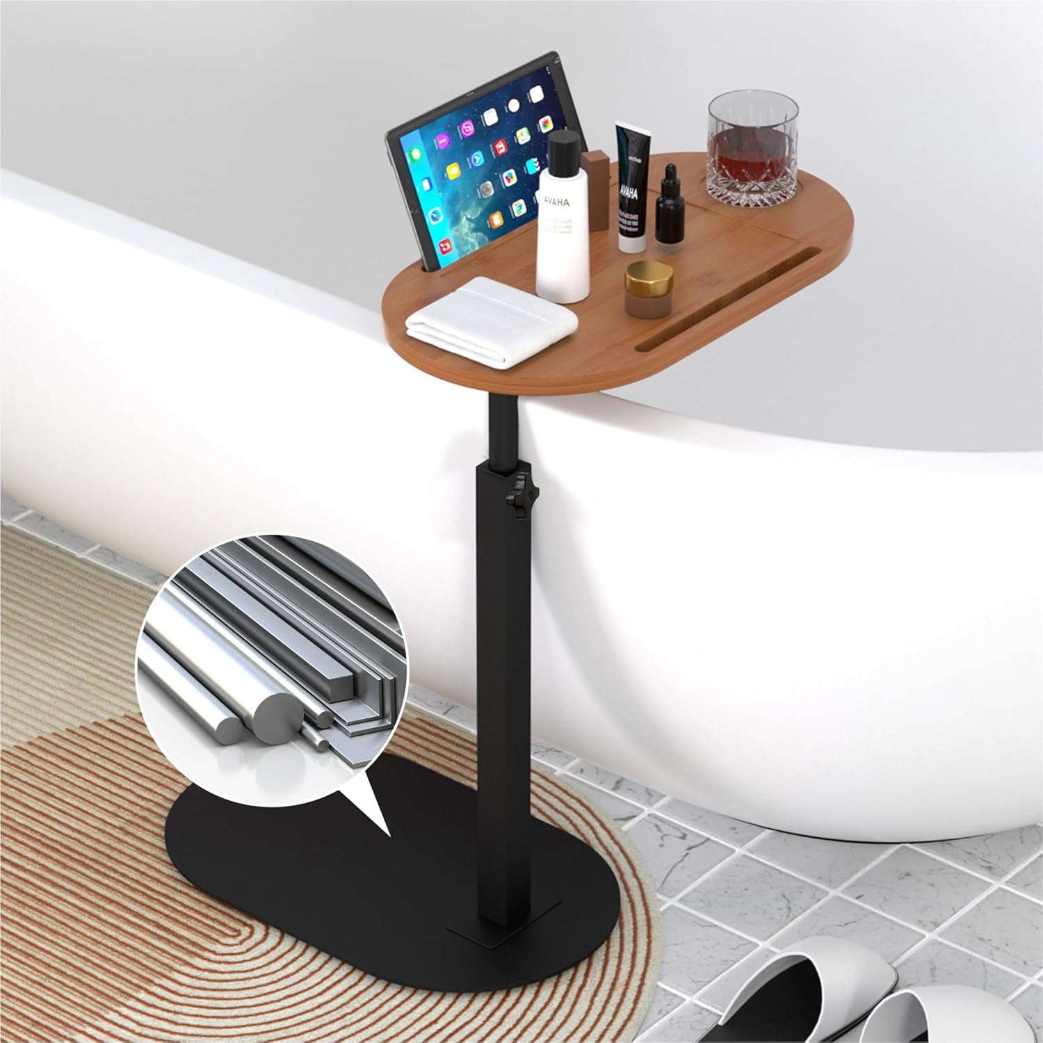 Bamboo Bathtub Tray Table Bath Side Table with Metal Base Adjustable ...