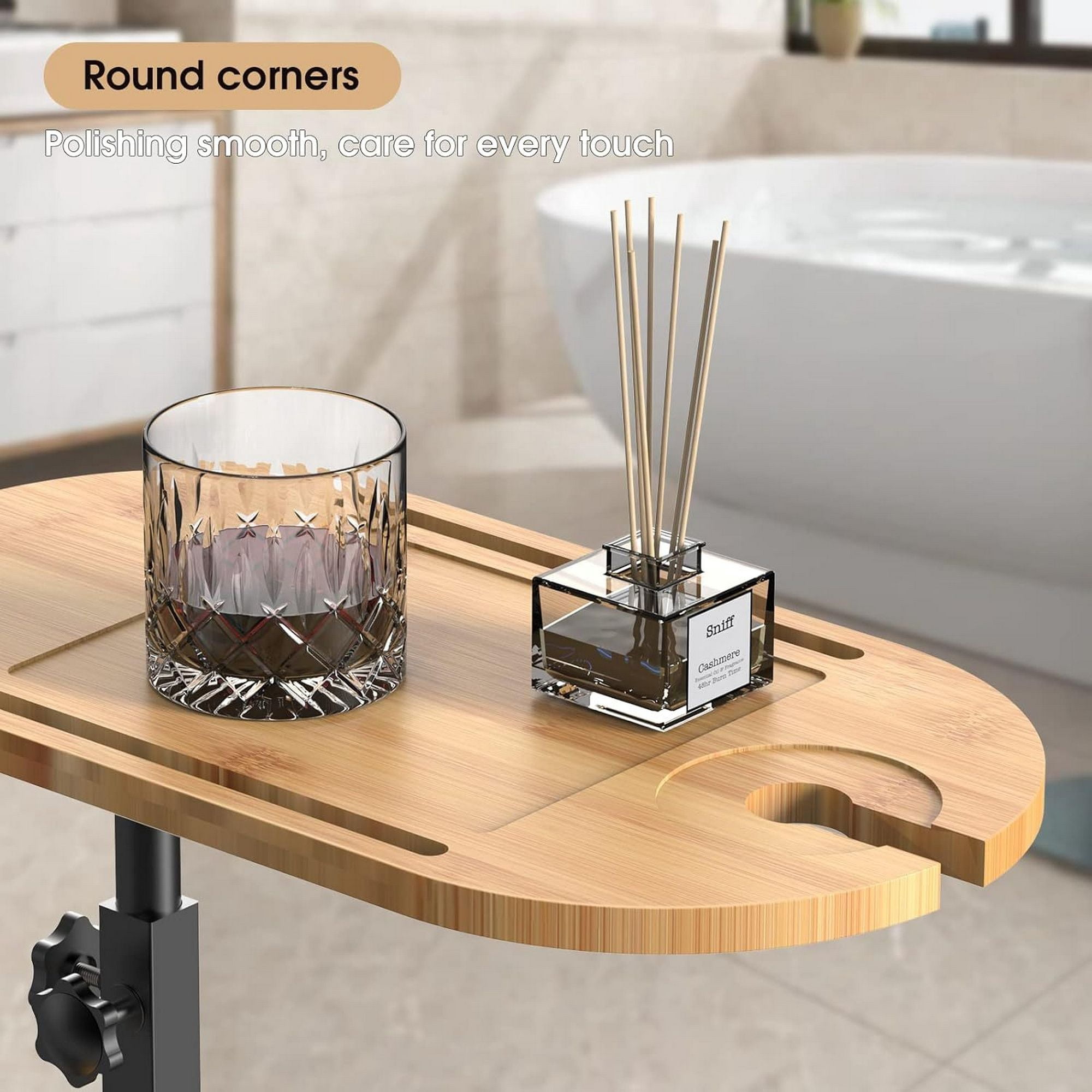 Bamboo Bathtub Tray Table Bath Side Table with Metal Base Adjustable ...