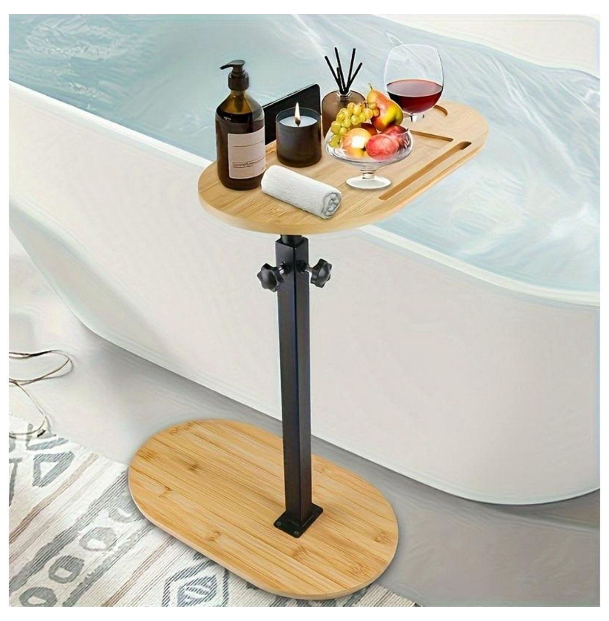 Bamboo Bathtub Tray Table Bath Side Table with Metal Base Adjustable ...