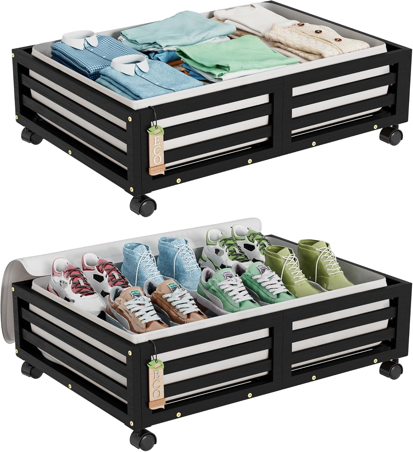 Bamboo Under Bed Storage Containers- Underbed Organizer with Wheels ...