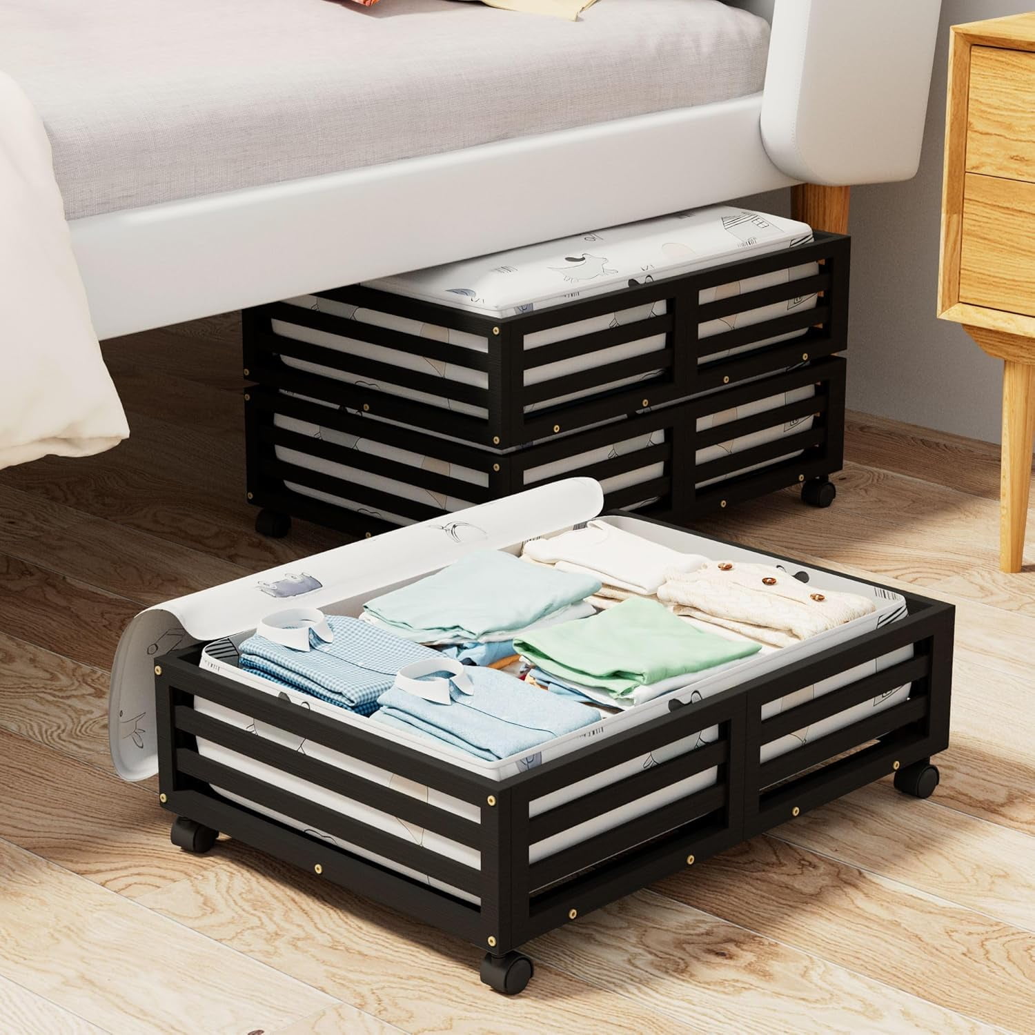 Bamboo Under Bed Storage Containers- Underbed Organizer with Wheels ...