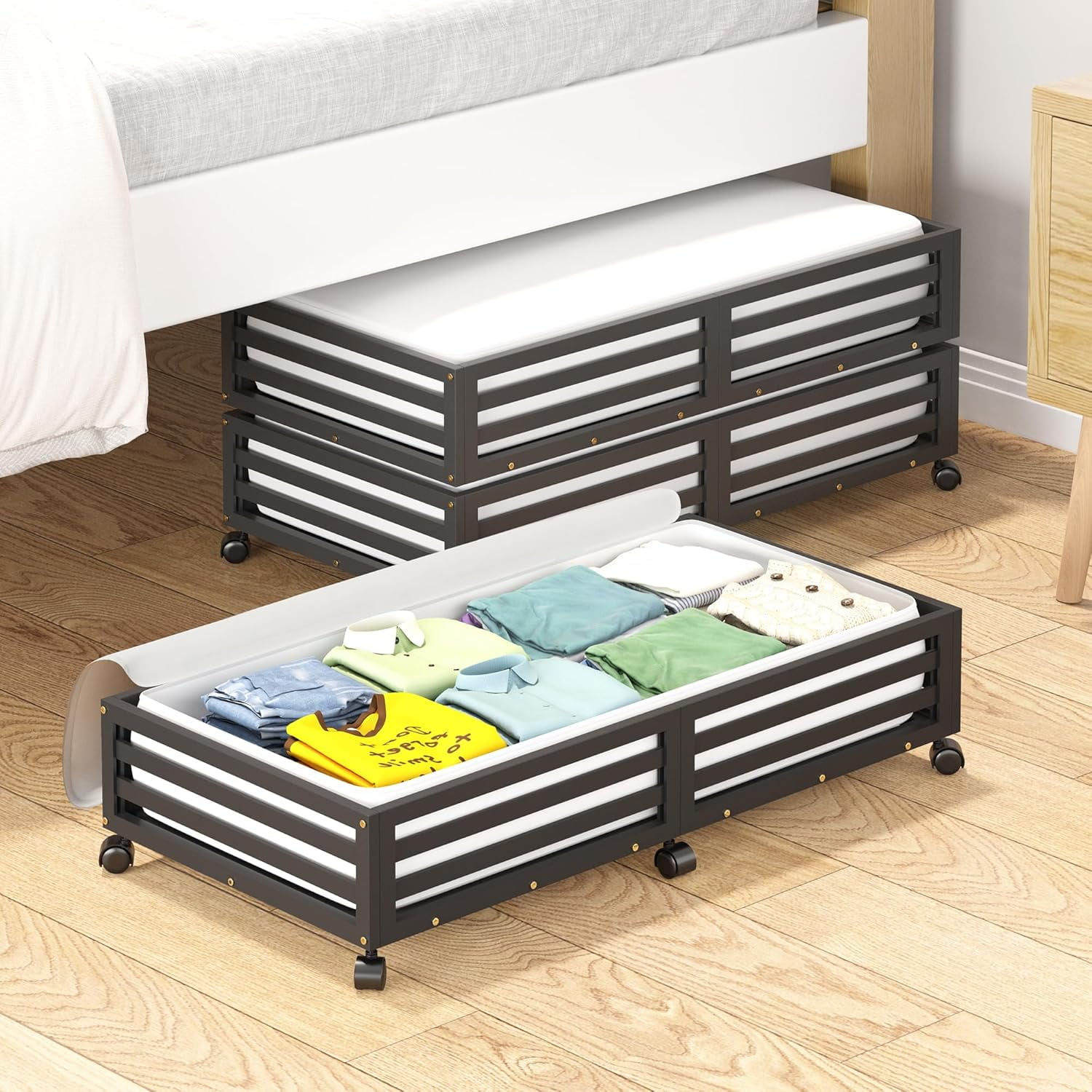 Bamboo Under Bed Storage Containers- Underbed Organizer with Wheels ...
