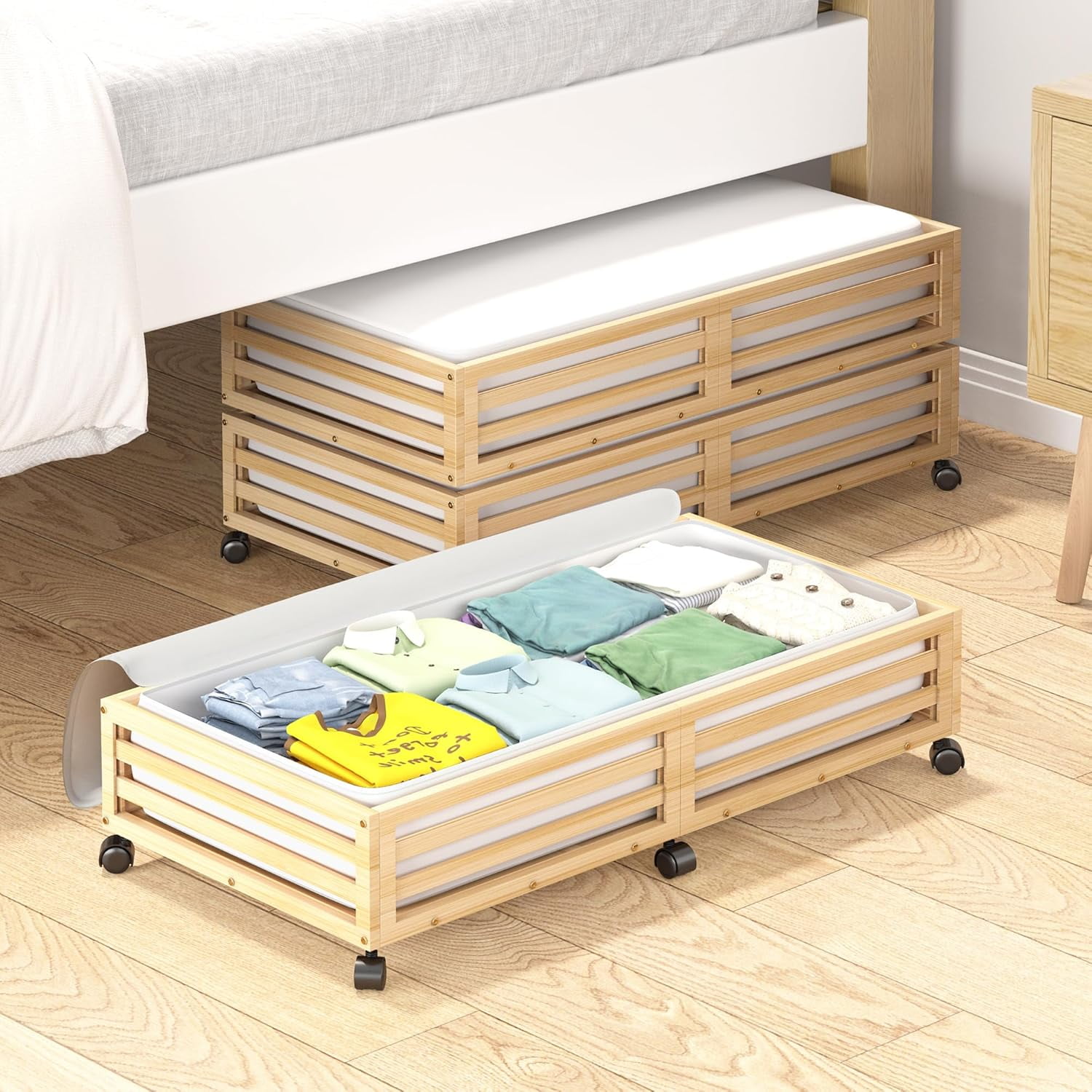 Bamboo Under Bed Storage Containers- Underbed Organizer with Wheels ...