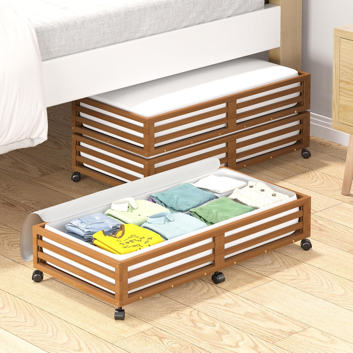 Bamboo Under Bed Storage Containers- Underbed Organizer with Wheels ...