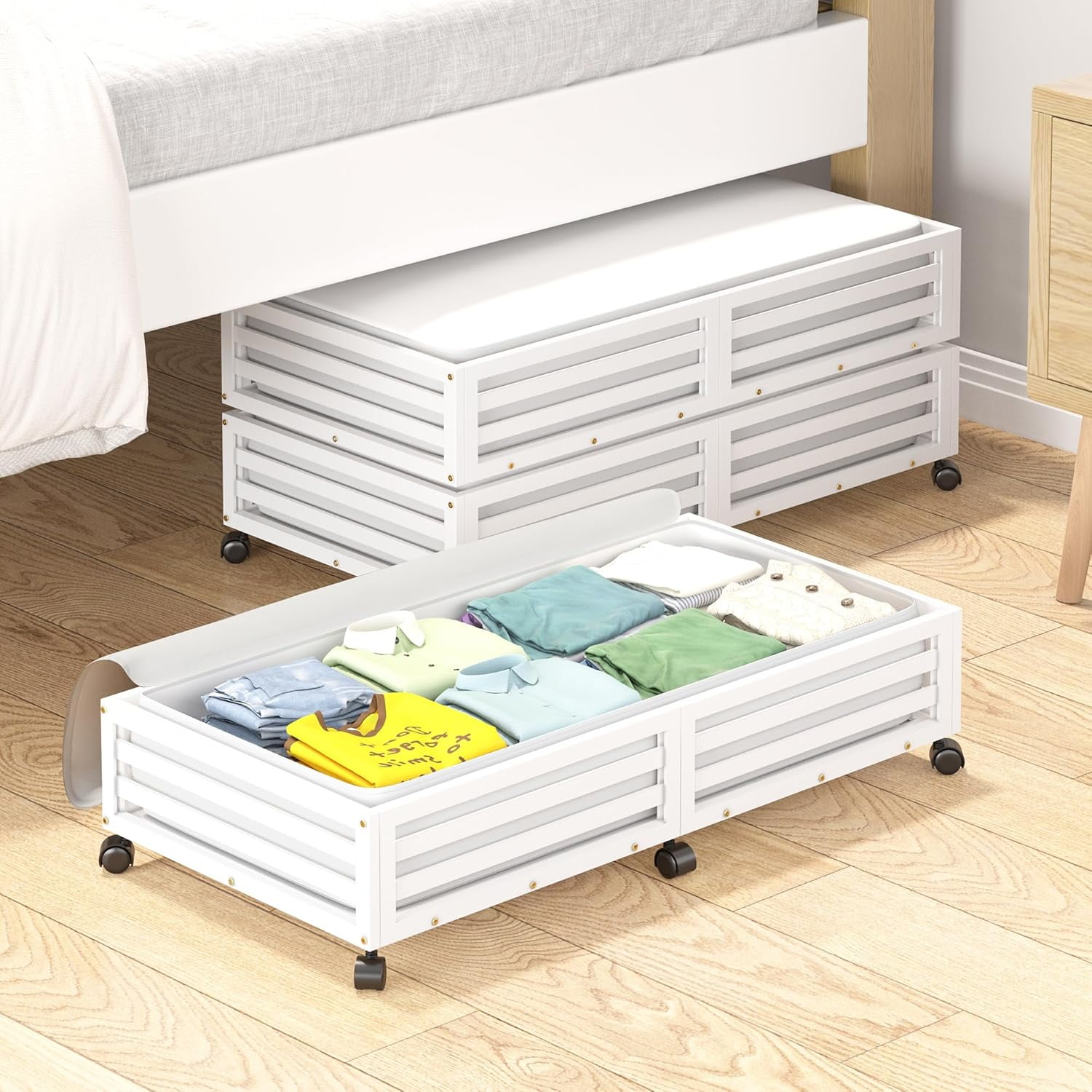 Bamboo Under Bed Storage Containers- Underbed Organizer with Wheels ...