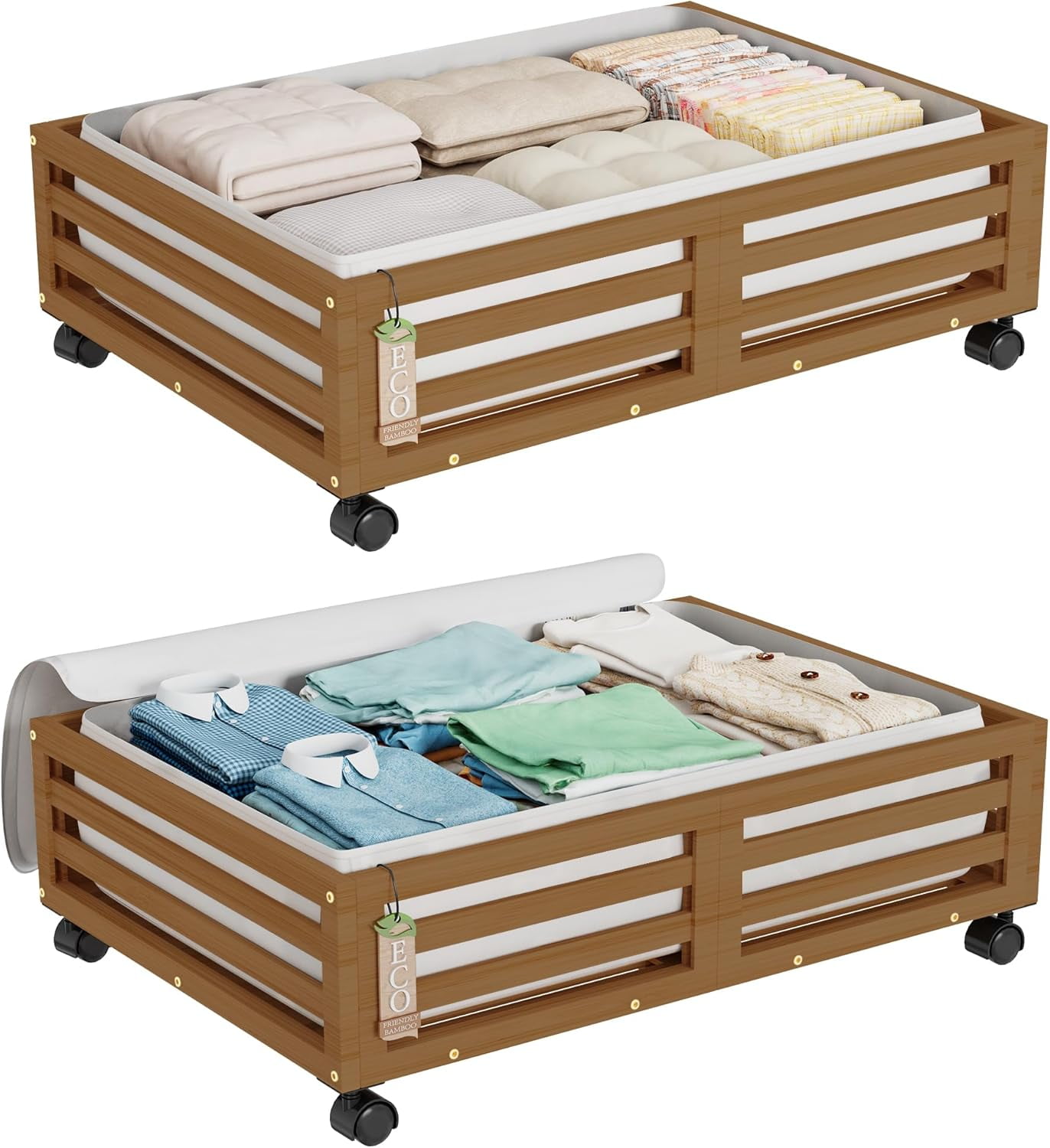 Bamboo Under Bed Storage Containers- Underbed Organizer with Wheels ...