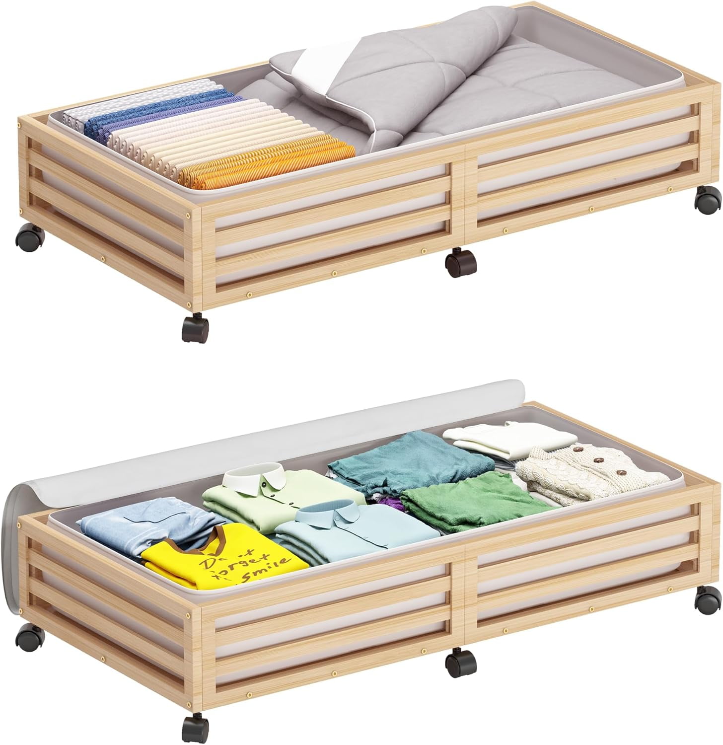 Bamboo Under Bed Storage Containers- Underbed Organizer with Wheels ...