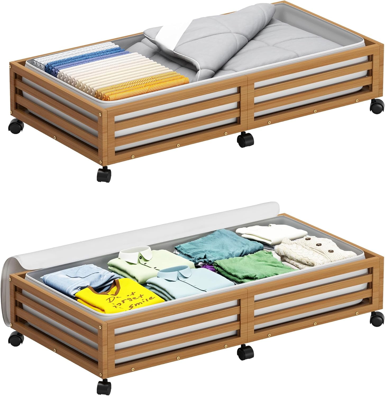 Bamboo Under Bed Storage Containers- Underbed Organizer with Wheels ...