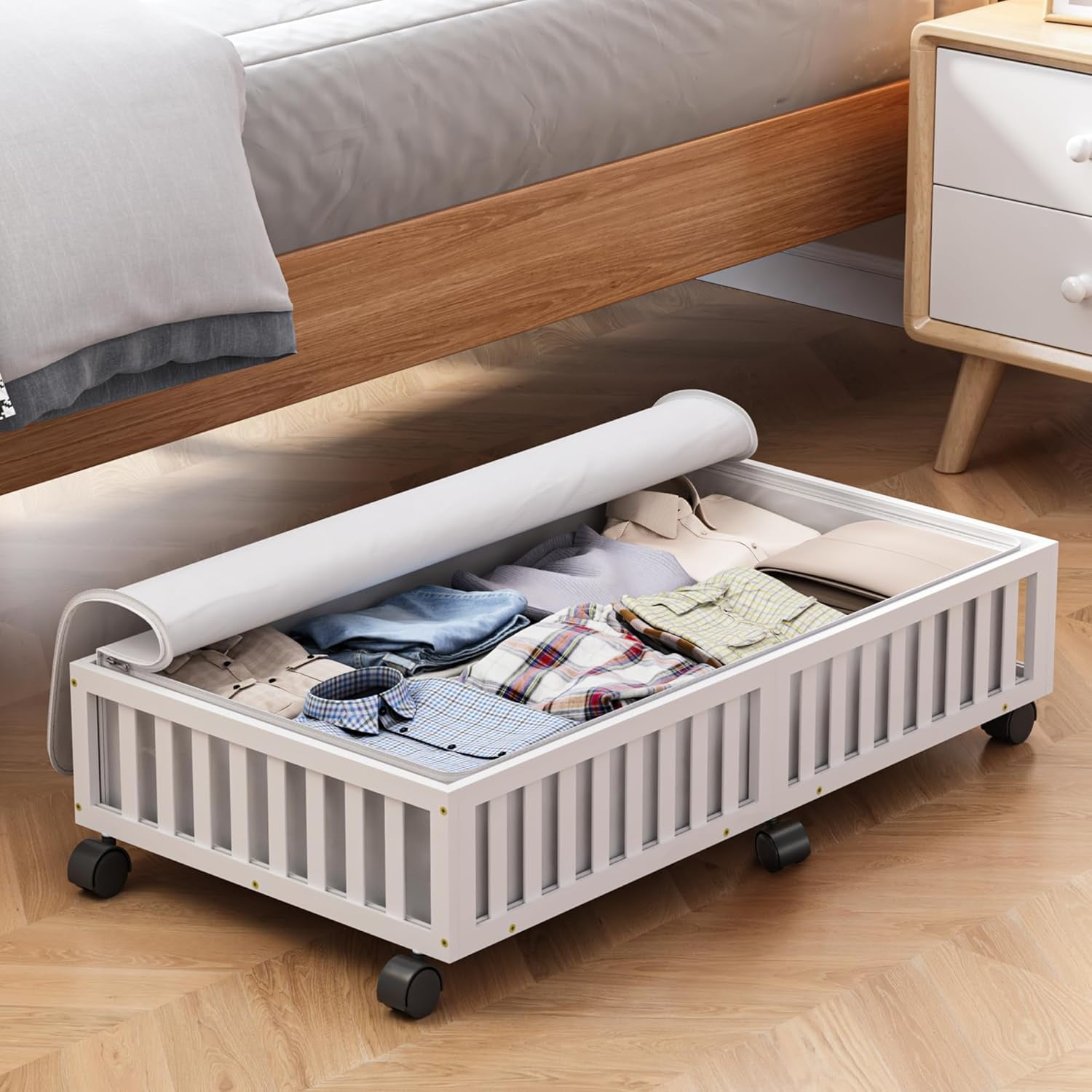 Bamboo Under Bed Storage Containers with Wheels, 1 Pack Large Under the ...