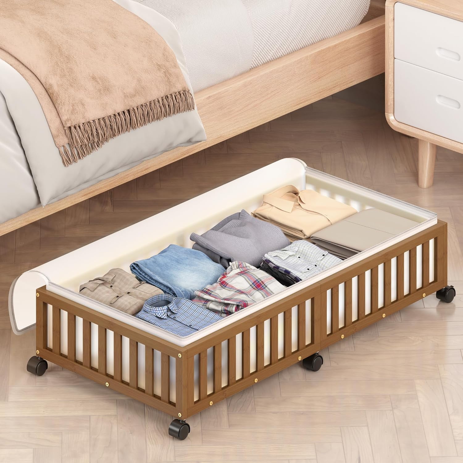 Bamboo Under Bed Storage Containers with Wheels, 1 Pack Large Under the ...