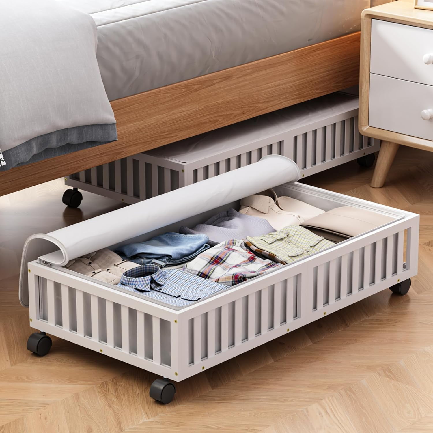 Bamboo Under Bed Storage Containers with Wheels, 2 Pack Under the Bed ...
