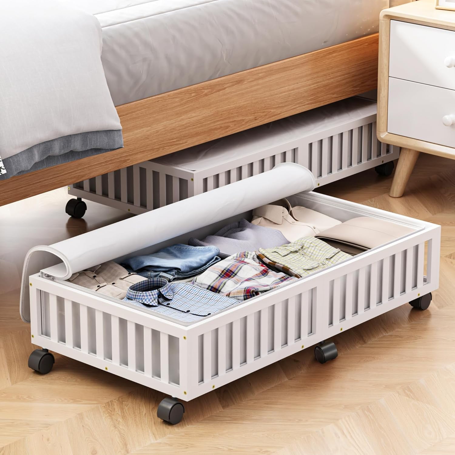 Bamboo Under Bed Storage Containers with Wheels, 2 Pack Large Under the ...