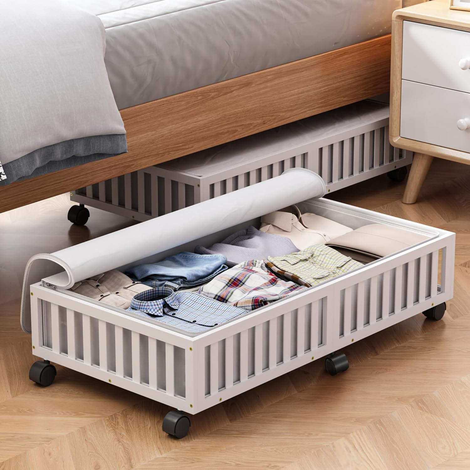 Bamboo Under Bed Storage Containers with Wheels, 2 Pack Large Under the ...
