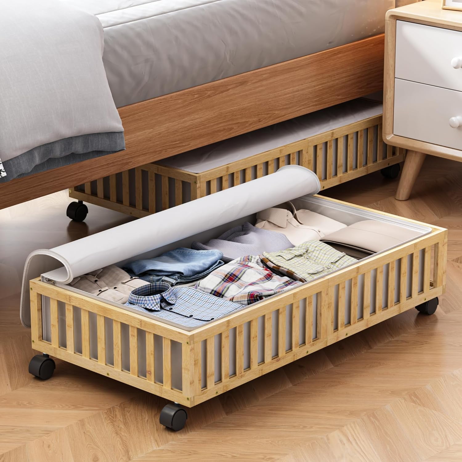 Bamboo Under Bed Storage Containers with Wheels, 2 Pack Large Under the ...