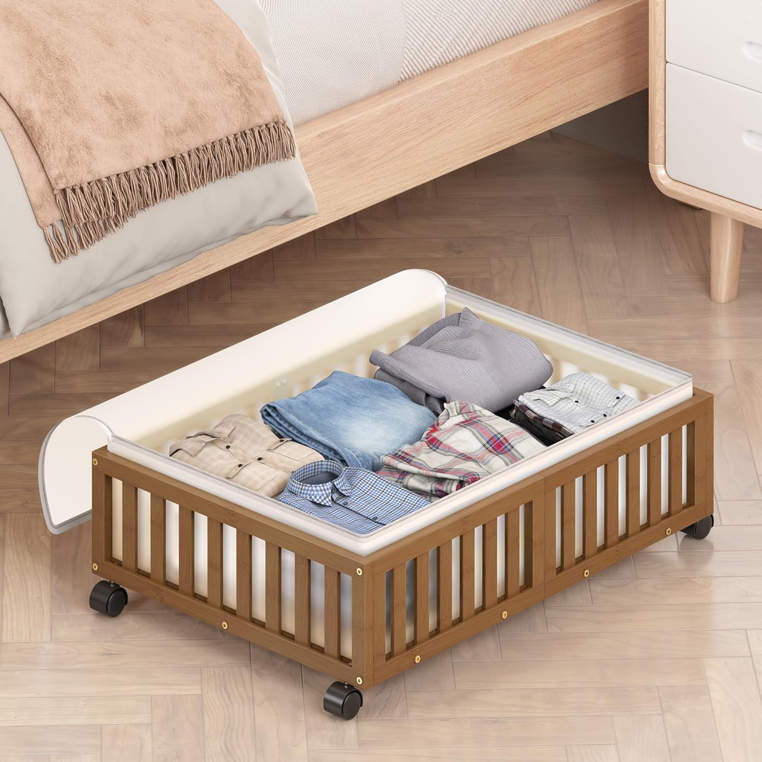 Bamboo Under Bed Storage Containers with Wheels, Rolling Under the Bed ...