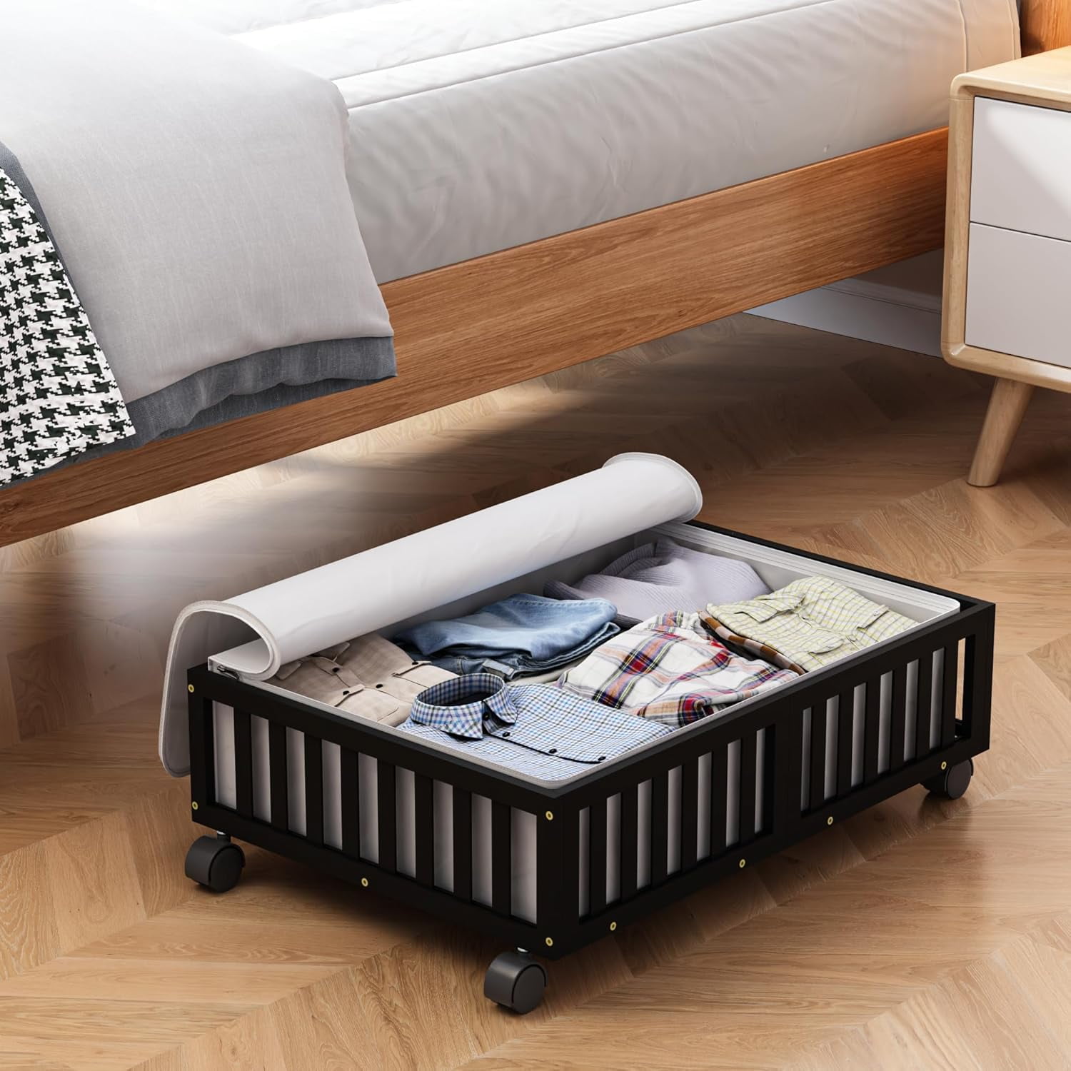 Bamboo Under Bed Storage Containers with Wheels, Rolling Under the Bed ...