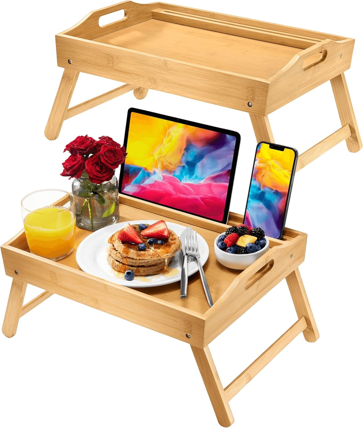 Bamboo Bed Table Tray with Folding Legs, (2 Pack) Laptop Holder and Handles - Breakfast Tray for ...